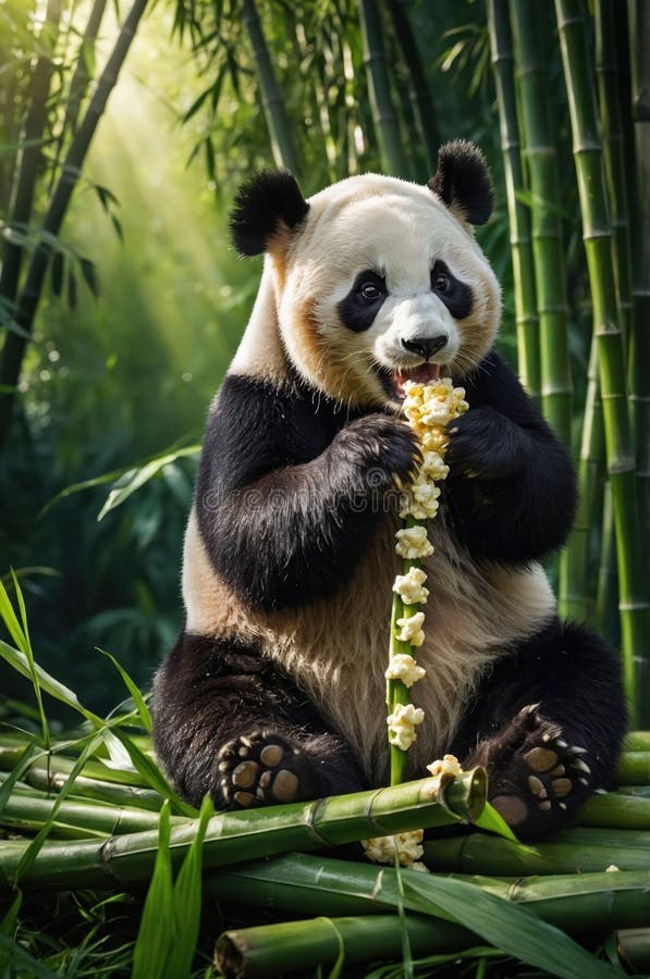 Adorable Giant Panda Enjoying a Delicious Snack of Popcorn Amidst Lush ...