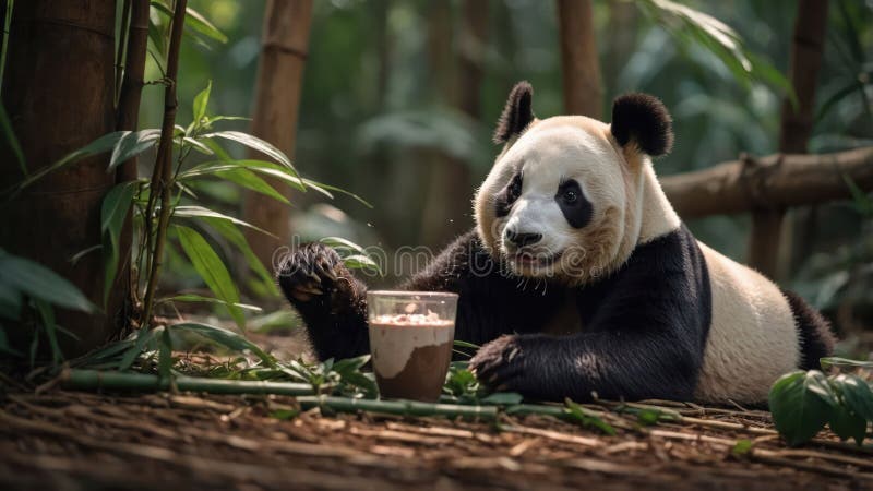 Adorable Giant Panda Enjoying a Creamy Dessert in Bamboo Forest Stock ...