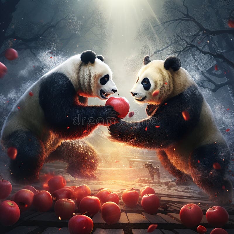 Panda Fighting for an Apple Stock Illustration - Illustration of ...
