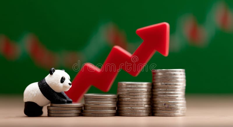 Panda Figure Climbing Coins with Red Growth Graph in Financial Setting ...