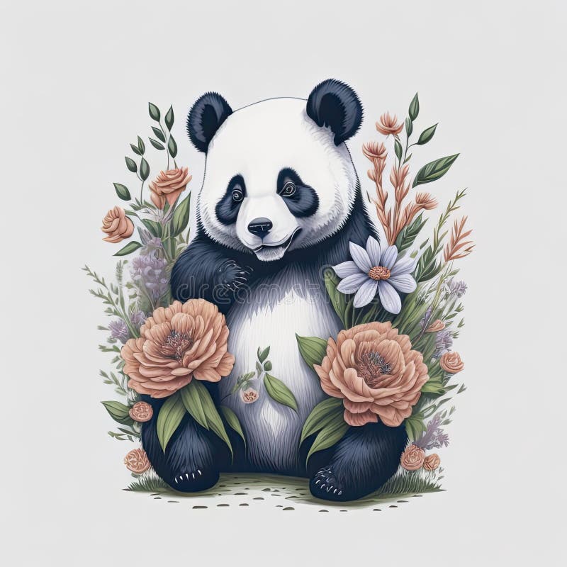 Panda with Flowers and Leaves. Stock Illustration - Illustration of ...