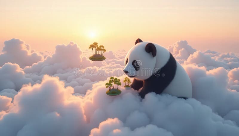 Panda Gently Tending To Tiny Islands Covered in Trees while Sitting on ...