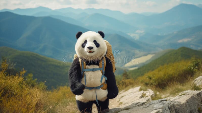 Panda Hiking in the Mountains Stock Image - Image of moutain, happy ...