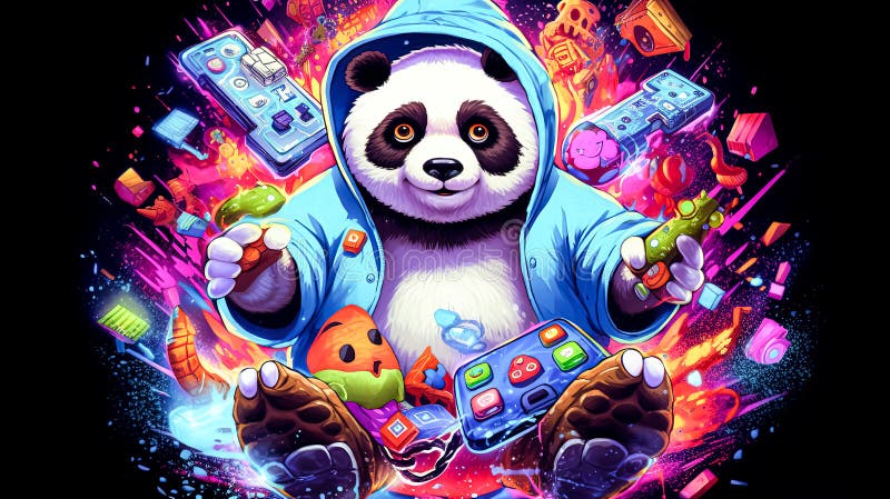 Panda is Holding a Remote and Surrounded by Various Objects Stock Photo ...