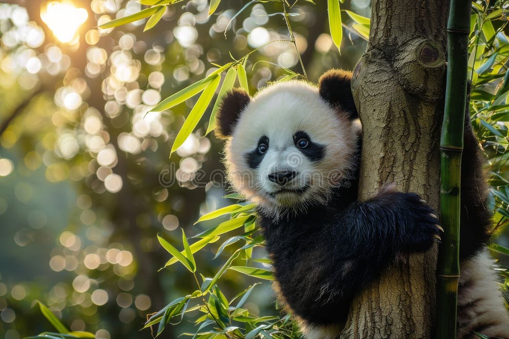 Panda hugging tree trunk stock image. Image of furry - 311024979