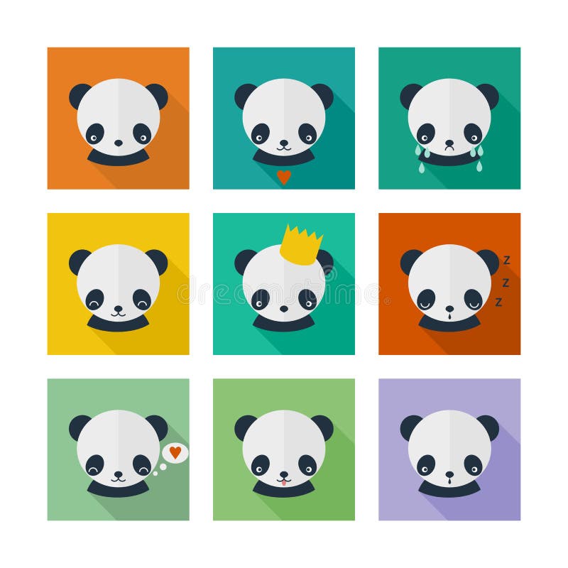 Panda Icons Set in Flat Design Stock Illustration - Illustration of ...
