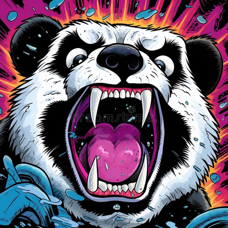 Panda with Its Mouth and Fangs Open Against a Bright Burst of Light in ...