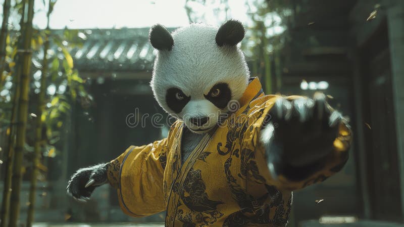 Panda in Kung Fu Action Pose Amidst Bamboo with Ancient Structure ...
