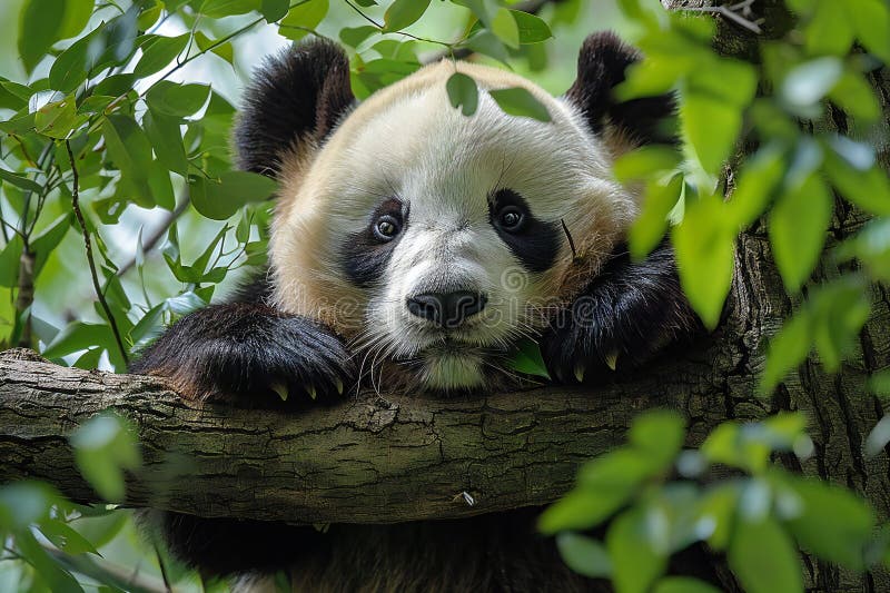 A Panda Lounging on the Branches of an Ancient Tree, Surrounded Stock ...