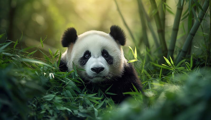 Panda Lying in Grass with Bamboo Stock Photo - Image of innocence ...