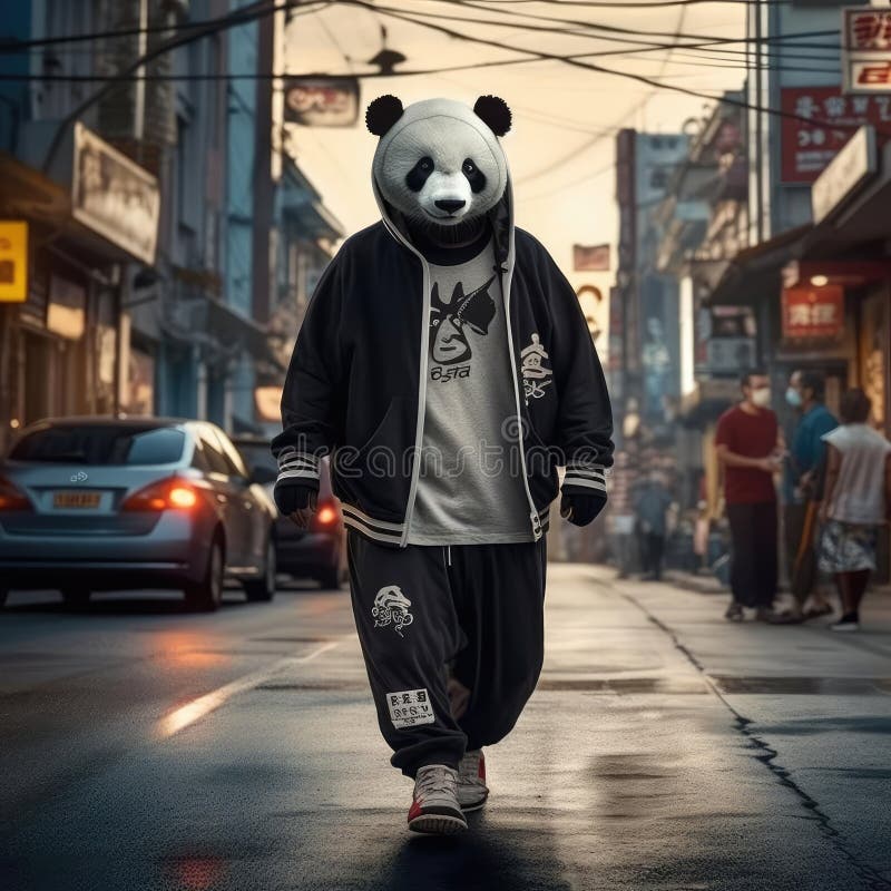 A Panda Man Walks through the City Stock Illustration - Illustration of ...