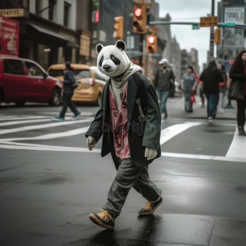 A Panda Man Walks through the City Stock Illustration - Illustration of ...