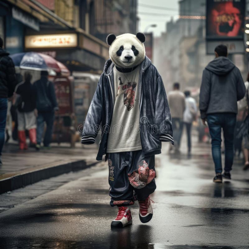 A Panda Man Walks through the City Stock Illustration - Illustration of ...