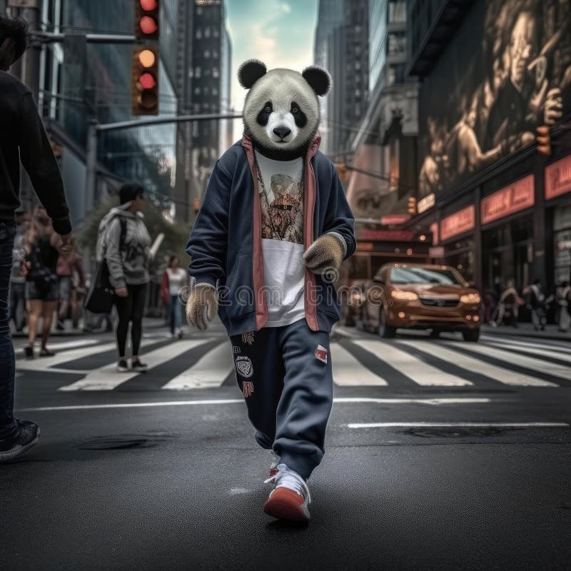 A Panda Man Walks through the City Stock Illustration - Illustration of ...
