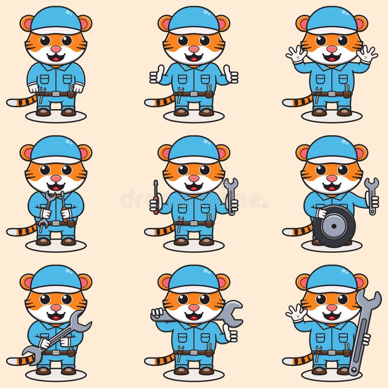 Mascot Cartoon of Cute Tiger Wearing Mechanic Uniform and Cap Stock ...