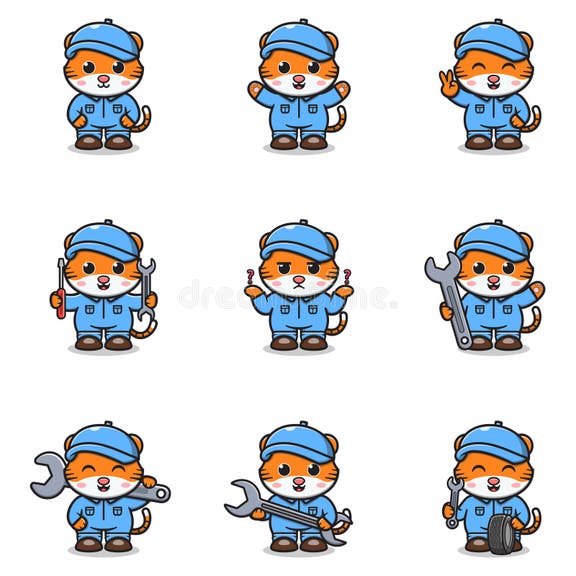 Vector Illustration of Tiger Mechanic Cartoon Set Stock Vector ...