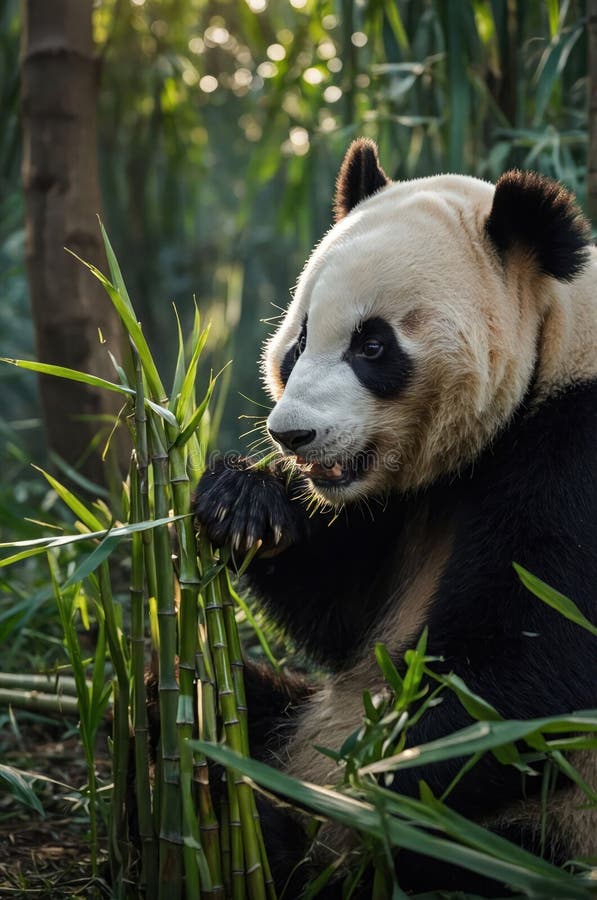 A Panda Munching on Bamboo in a Lush, Green Environment Stock ...