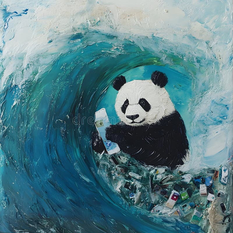 Panda in Ocean Wave of Plastic Waste Stock Illustration - Illustration ...