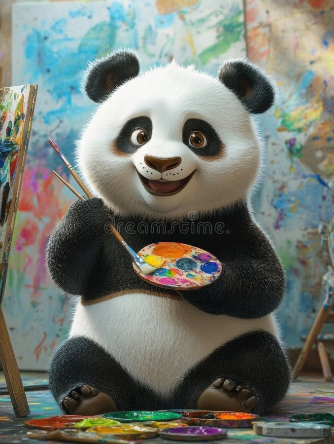 Panda Paints with Joy Using a Palette and Brushes in a Colorful Art Studio Setting. Generative ...