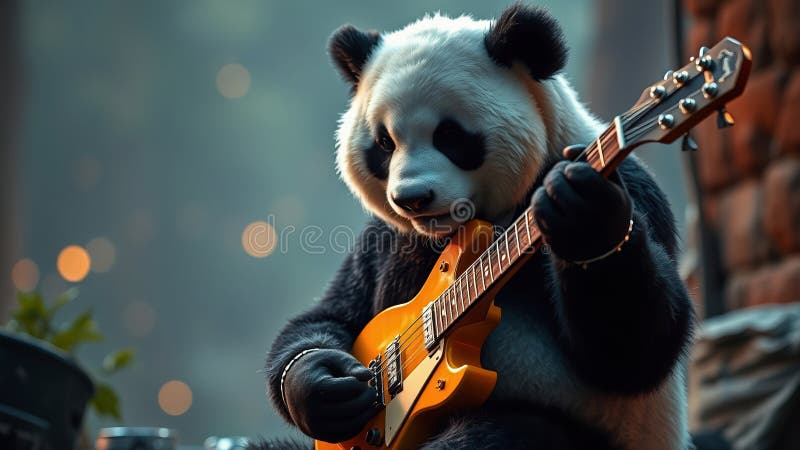 Panda Playing Electric Guitar in a Cozy Setting Stock Image - Image of ...