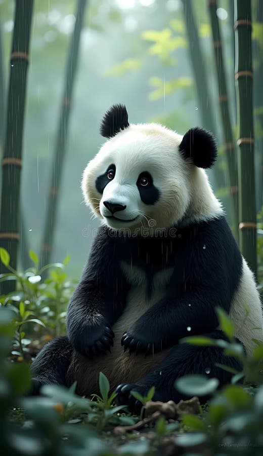 A Panda in the Rain Generative AI Stock Image - Image of macaque, plant ...