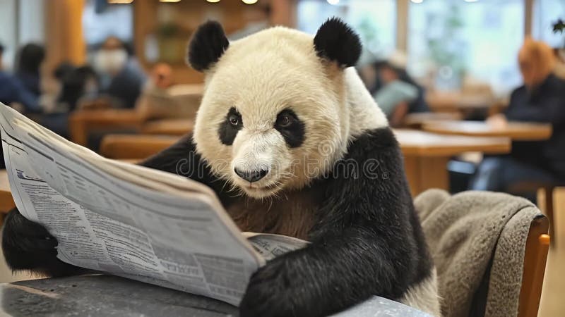 Panda Reading a Newspaper in a Cafe Stock Footage - Video of newspaper ...