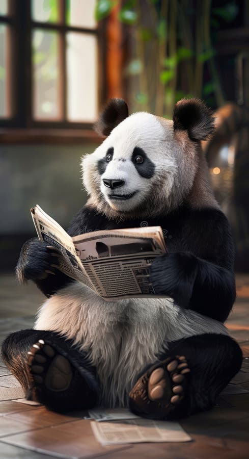 Panda is Reading Newspaper in Relaxed Manner. Stock Image - Image of ...