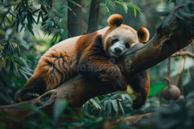 Panda Relaxing on a Branch in Lush Greenery Stock Image - Image of ...