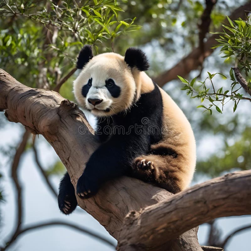 Panda Resting on a Tree Limb with Its Paws on Branches, AI-generated ...