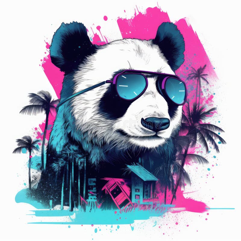 Panda in a Retro Vaporwave Design on a White Background for Posters and ...