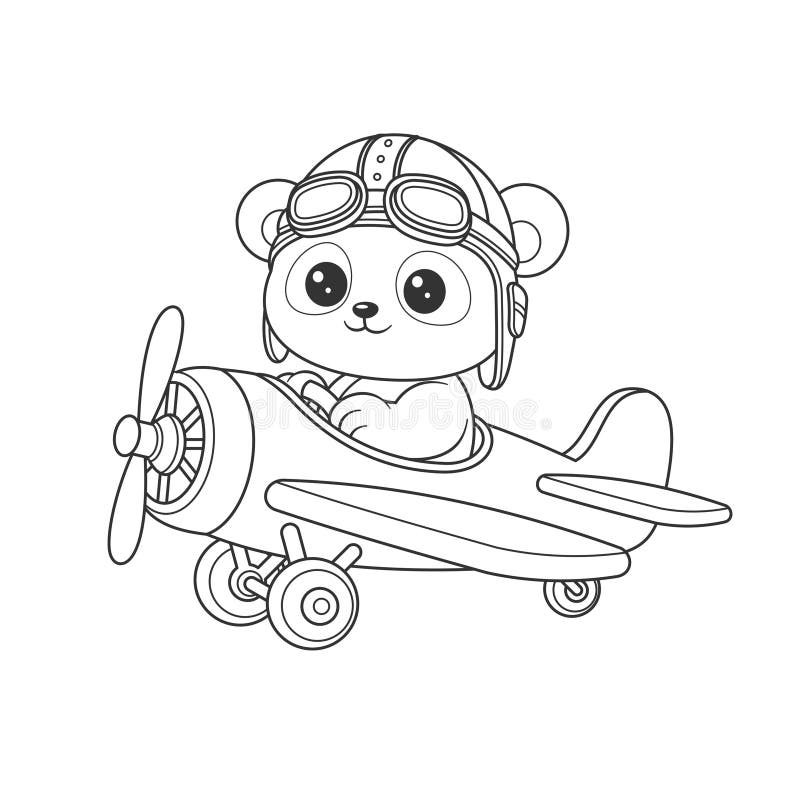 Panda Riding Airplane for Coloring Stock Vector - Illustration of cute ...