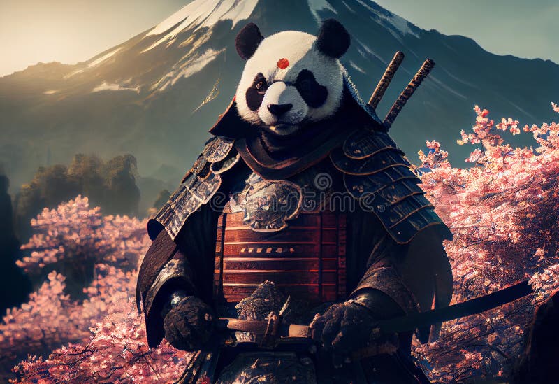 Panda Samurai and Cherry Blossoms on the Mountain. Stock Illustration ...