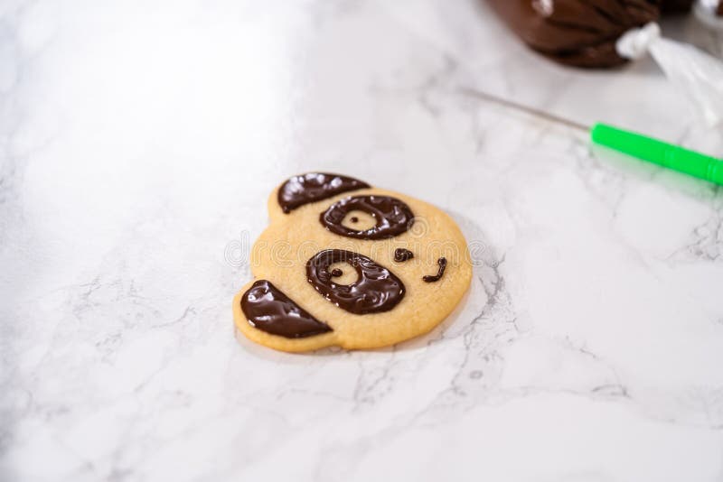 Panda Shaped Shortbread Cookies with Chocolate Icing Stock Image ...