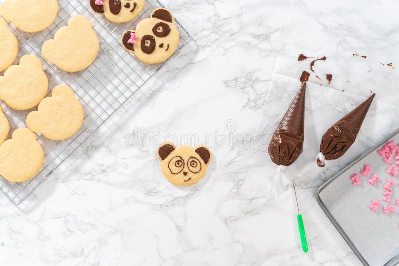 Panda Shaped Shortbread Cookies with Chocolate Icing Stock Image ...