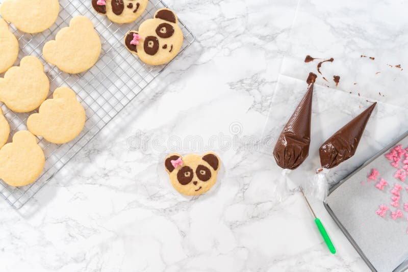 Panda Shaped Shortbread Cookies with Chocolate Icing Stock Image ...
