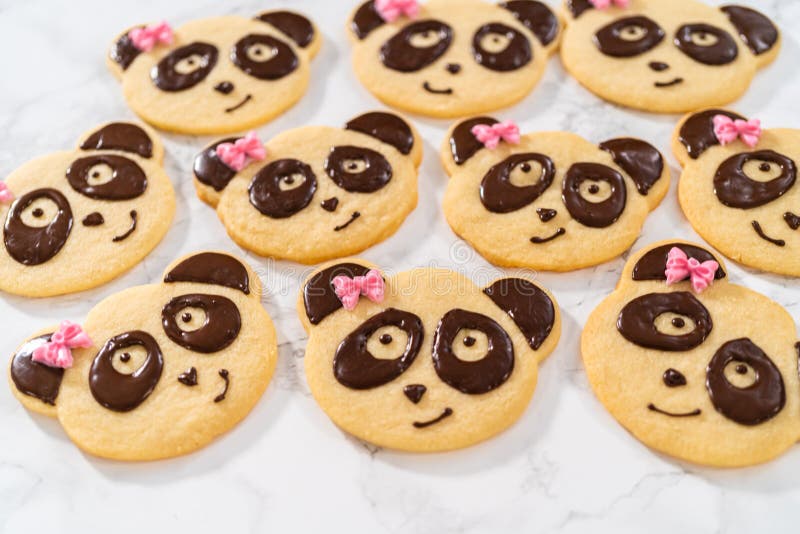 Panda Shaped Shortbread Cookies with Chocolate Icing Stock Image ...
