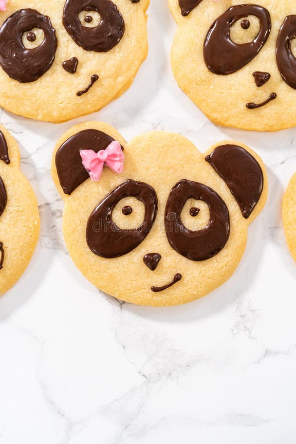 Panda Shaped Shortbread Cookies with Chocolate Icing Stock Image ...