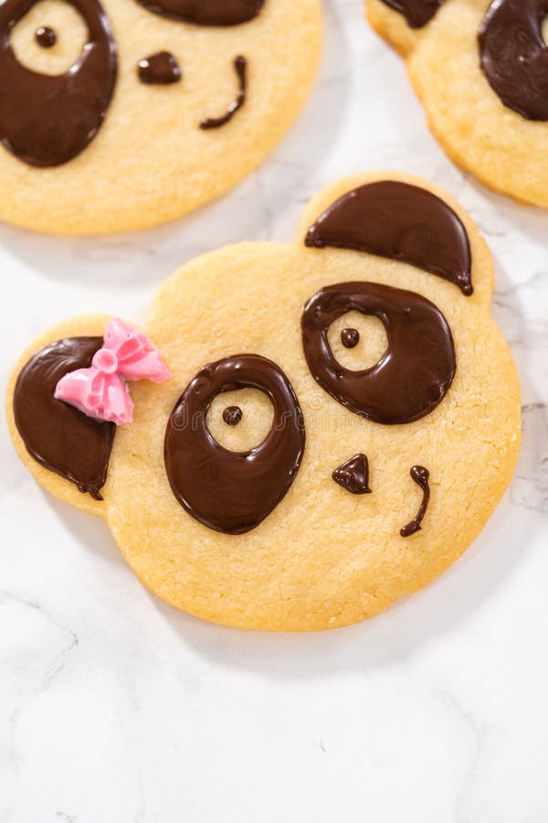 Panda Shaped Shortbread Cookies with Chocolate Icing Stock Photo ...