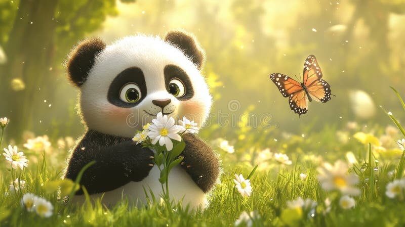 A Panda is Shown Holding Flowers in a Spring Meadow Where a Butterfly ...