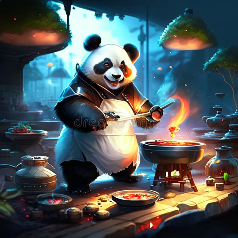 A Panda Sits in Front of a Table Full of Food and Drinks. Generative AI ...