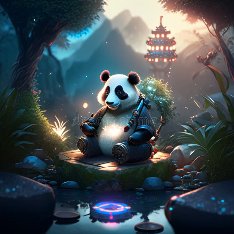 A Panda Sits on a Rock in the Forest, Surrounded by Plants and ...