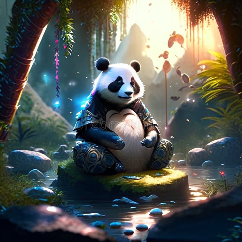 A Panda Sits on a Stone in a Fantasy Forest. 3d Rendering Generative AI ...