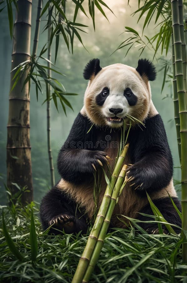 Adorable Giant Panda Enjoying Fresh Bamboo Shoots in Lush Green Habitat ...