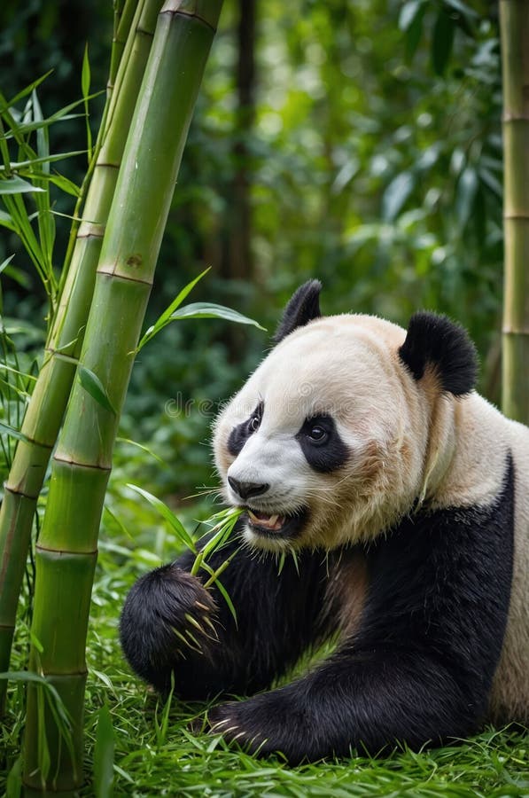Adorable Giant Panda Enjoying Fresh Bamboo Shoots in Lush Green Habitat ...