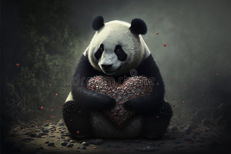 Panda Hugging A Heart Made Of Flowers Generative Ai Stock Illustration