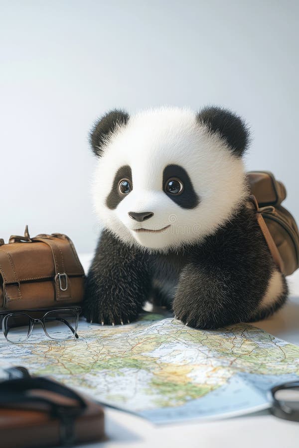 Panda is Sitting at Home Looking at a Travel Map. a Trip To China Stock ...