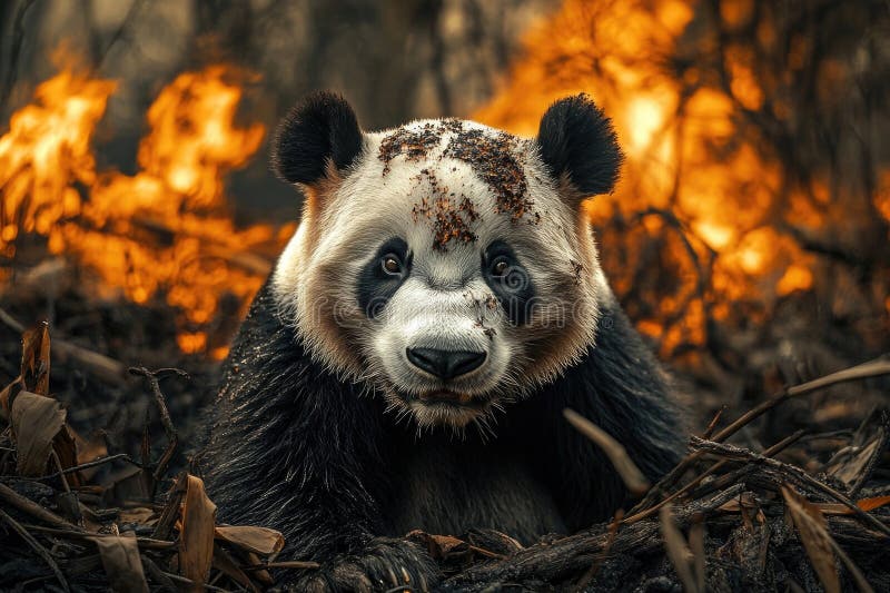 Panda Sitting on Scorched Ground Surrounded by Fire Stock Photo - Image ...