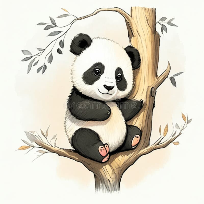 Panda Sitting on a Tree Branch. Hand Drawn Vector Illustration Stock ...