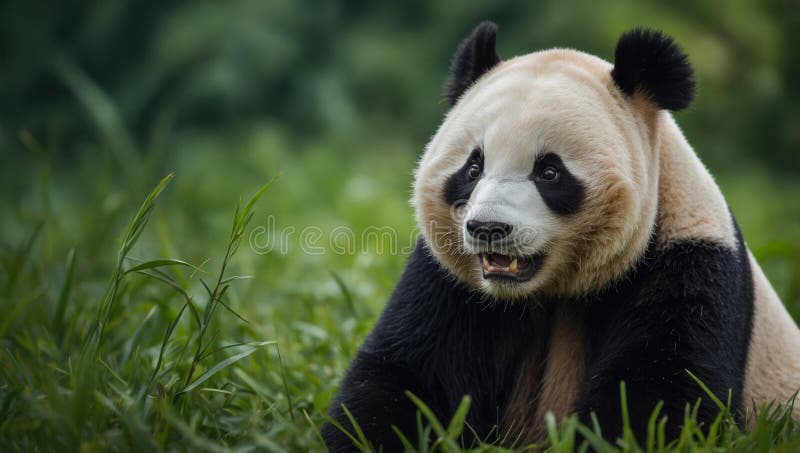 Panda Sitting Upright in Natural Habitat with Grass and Plants Around ...