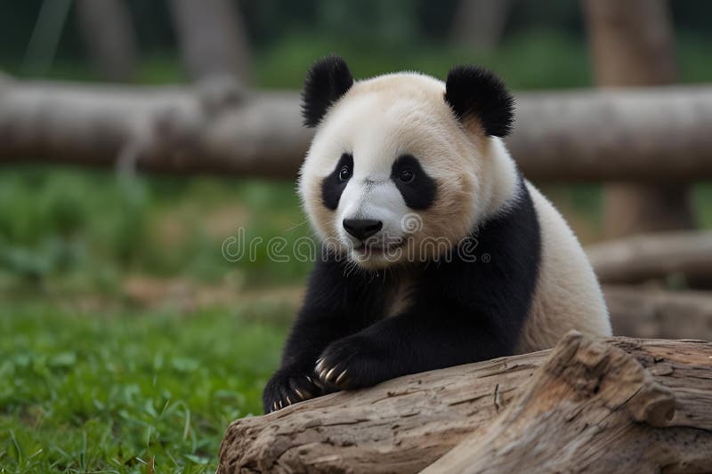 Panda Sitting on a Wooden Log in a Natural Setting, AI-generated. Stock ...